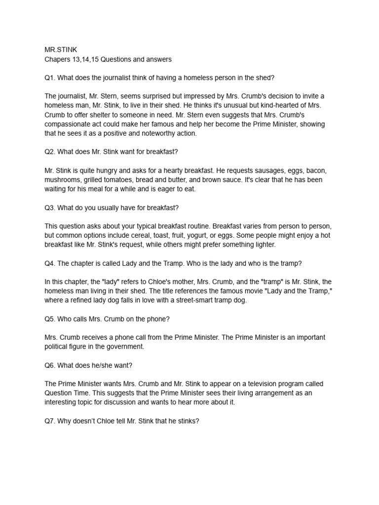 Mr. Stink: Chapters 13-15 Q&A | PDF | Cooking, Food & Wine | Religion ...