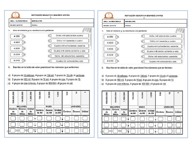 Lectura y Escritura de Numeros Valor Posicional | PDF