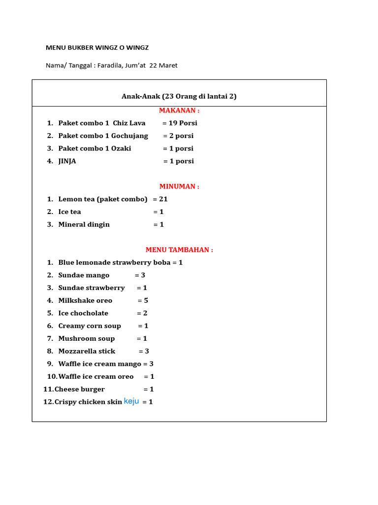 MENU BUKBER WINGZ O WINGZ-22 Maret - Diedit | PDF