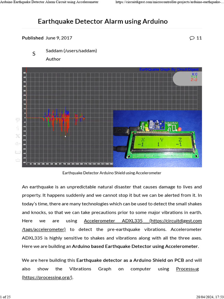 Arduino Earthquake Detector Alarm Circuit Using Accelerometer Pdf Printed Circuit Board