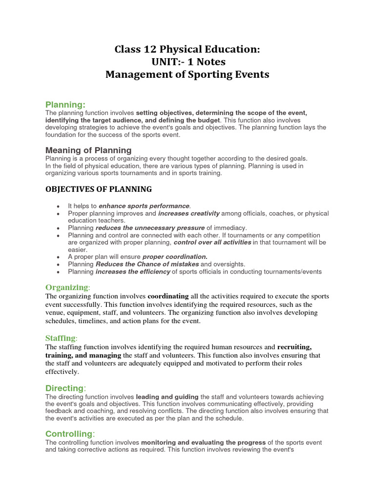 Management of Sporting Events: Class 12 Notes | PDF | Tournament | Goal