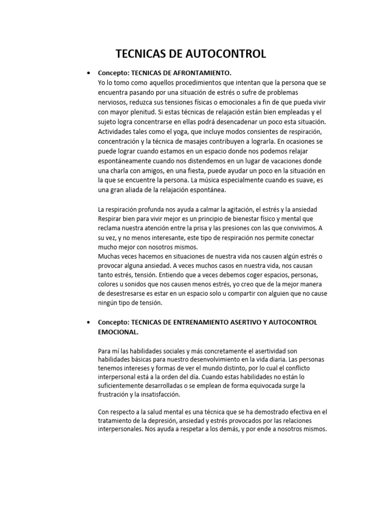 Tecnicas de Autocontrol | PDF | Estrés (biología) | Ansiedad