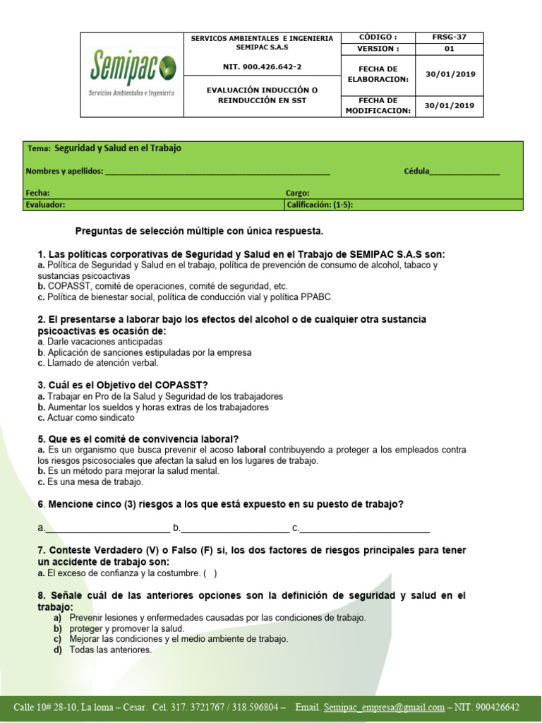 Evaluación de Inducción y Reinducción SST | PDF
