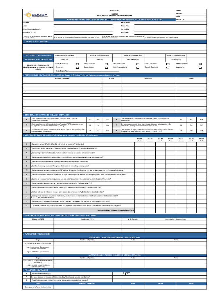 SSOMA-FOR-020 - PETAR - Excavaciones Rev.01 | PDF