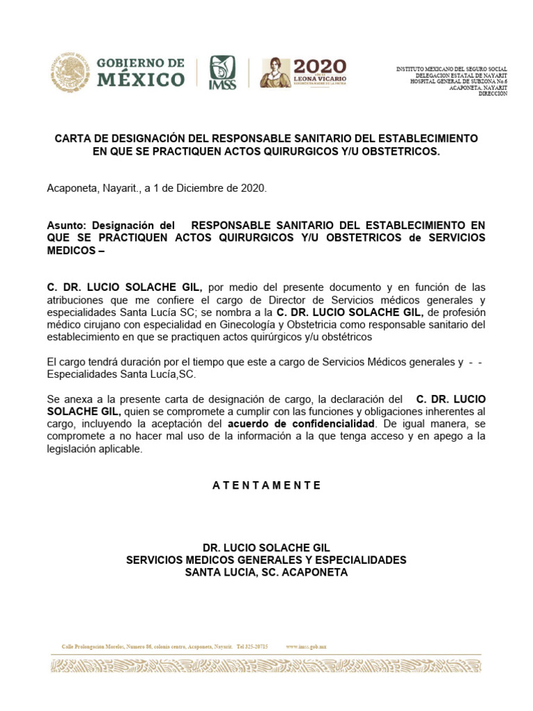 Carta Designacion Respoable Sanitario SOLACHE | PDF