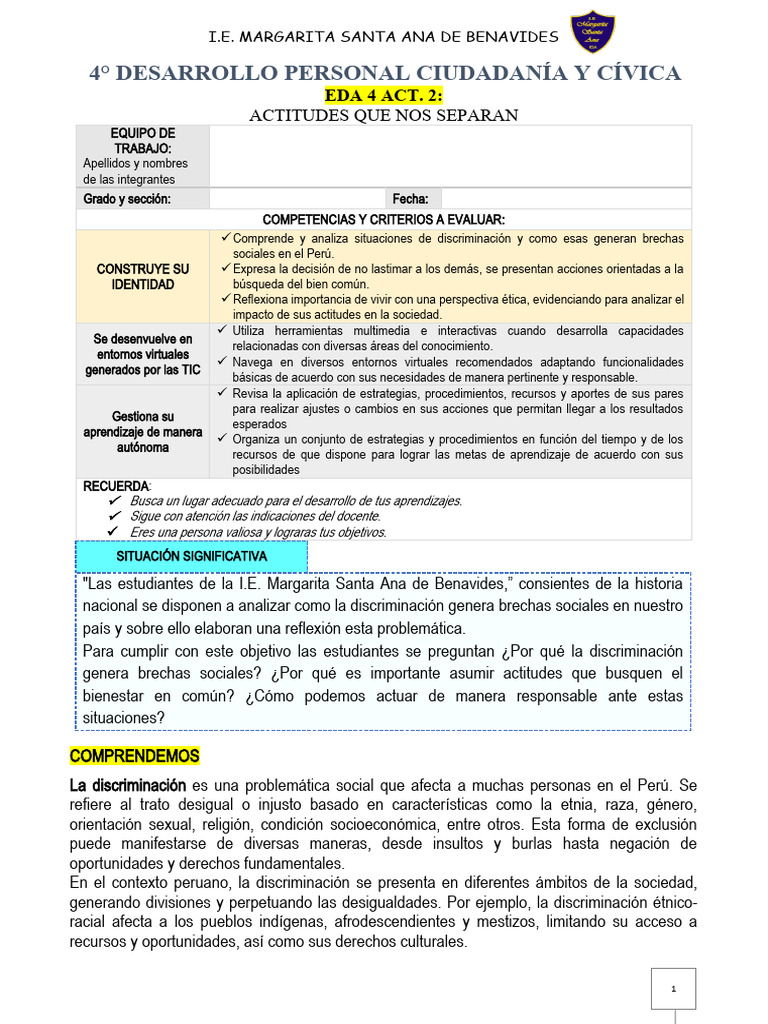 4° DPCC, Eda 4, Ficha 2 | PDF | Discriminación | Exclusión social
