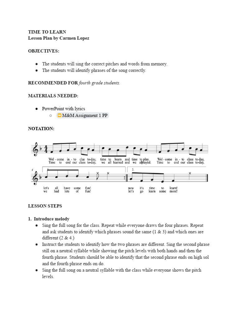Elementary Lesson Plan Example | PDF | Cognition | Musicology