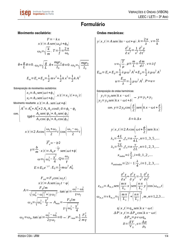 Formulario VIBON 2023 2024 | PDF | Oscilação | Mecânica Clássica