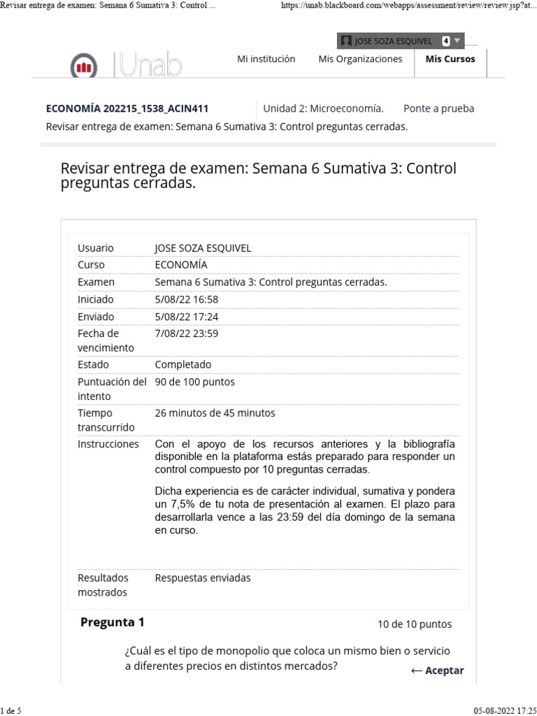 3-Revisar Entrega de Examen Semana 6 Sumativa 3 Control PDF | PDF | Monopolio | Microeconomía