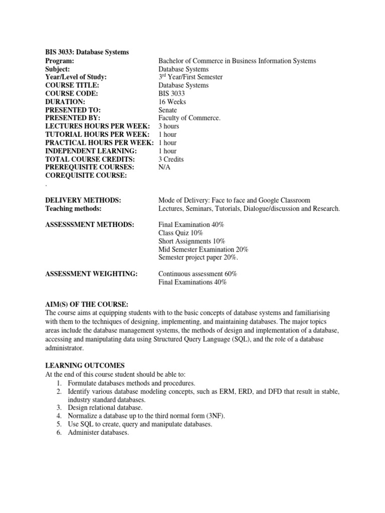Database Systems Course Outline August 2022 | PDF | Databases | Sql