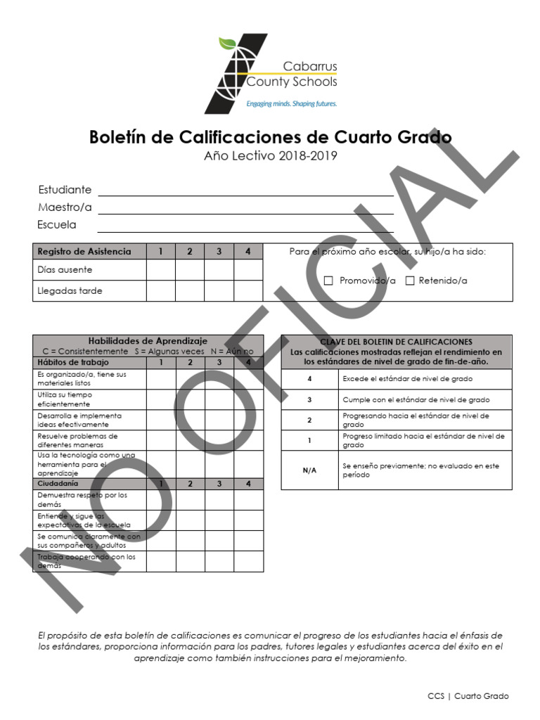 4th Grade Report Card 18-19 Spanish Unofficial-1 | Descargar gratis PDF ...