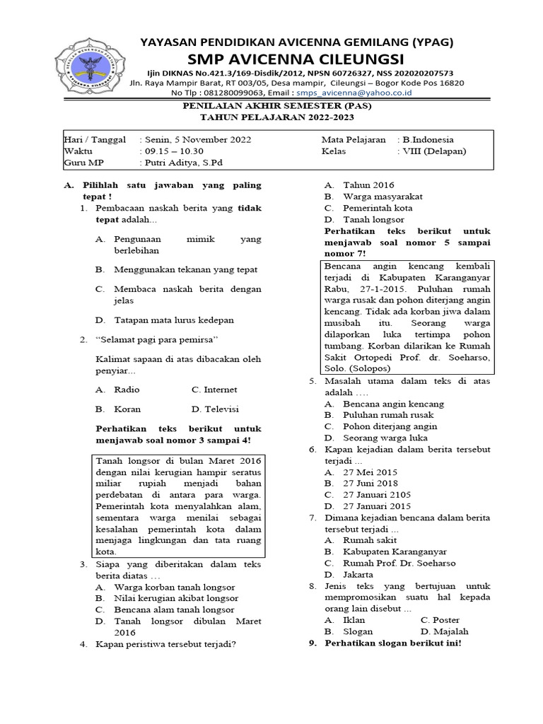 3 - Soal - B.indo - Pas Ganjil KLS 8 Ta 2022-2023 | PDF