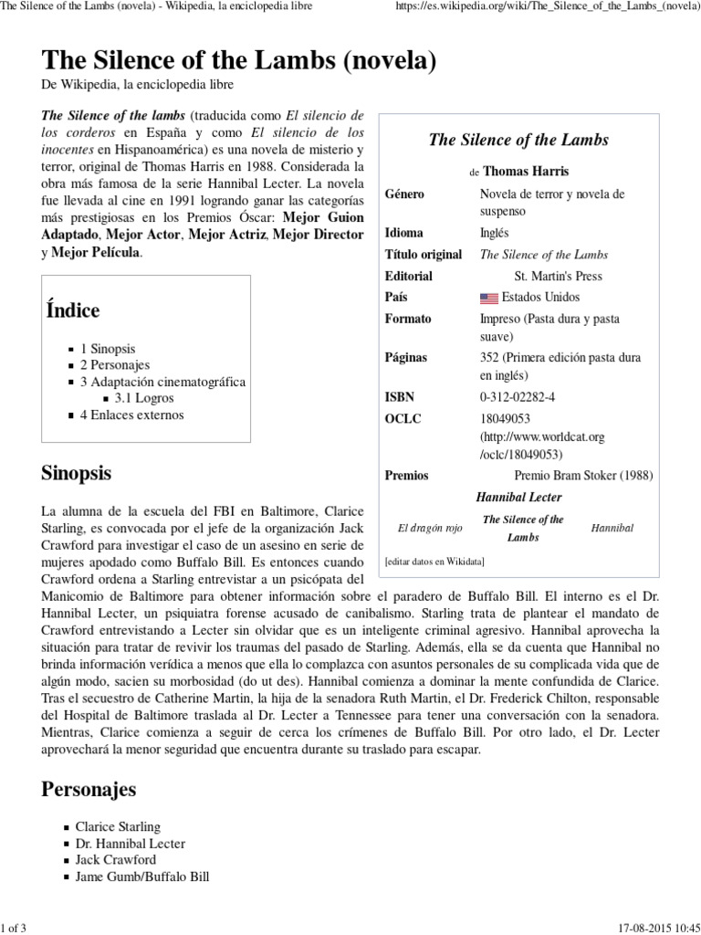 The Silence of the Lambs (novela) - Wikipedia, la enciclopedia libre | PDF