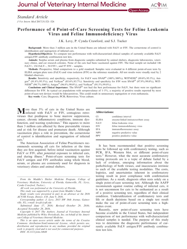 Veterinary Internal Medicne - 2017 - Levy - Performance of 4 Point of ...
