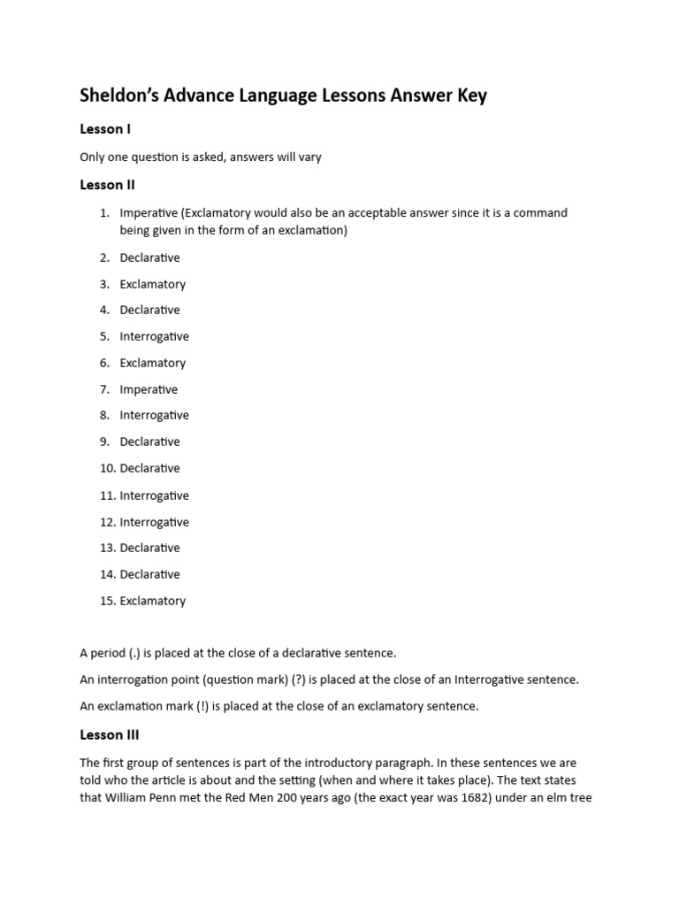 Sheldon's Advance Language Lessons Answer Key First Half Final | PDF ...