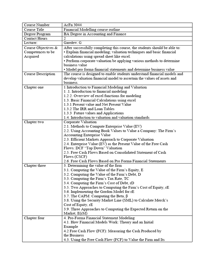 Financial Modeling Course Outline | PDF | Valuation (Finance ...