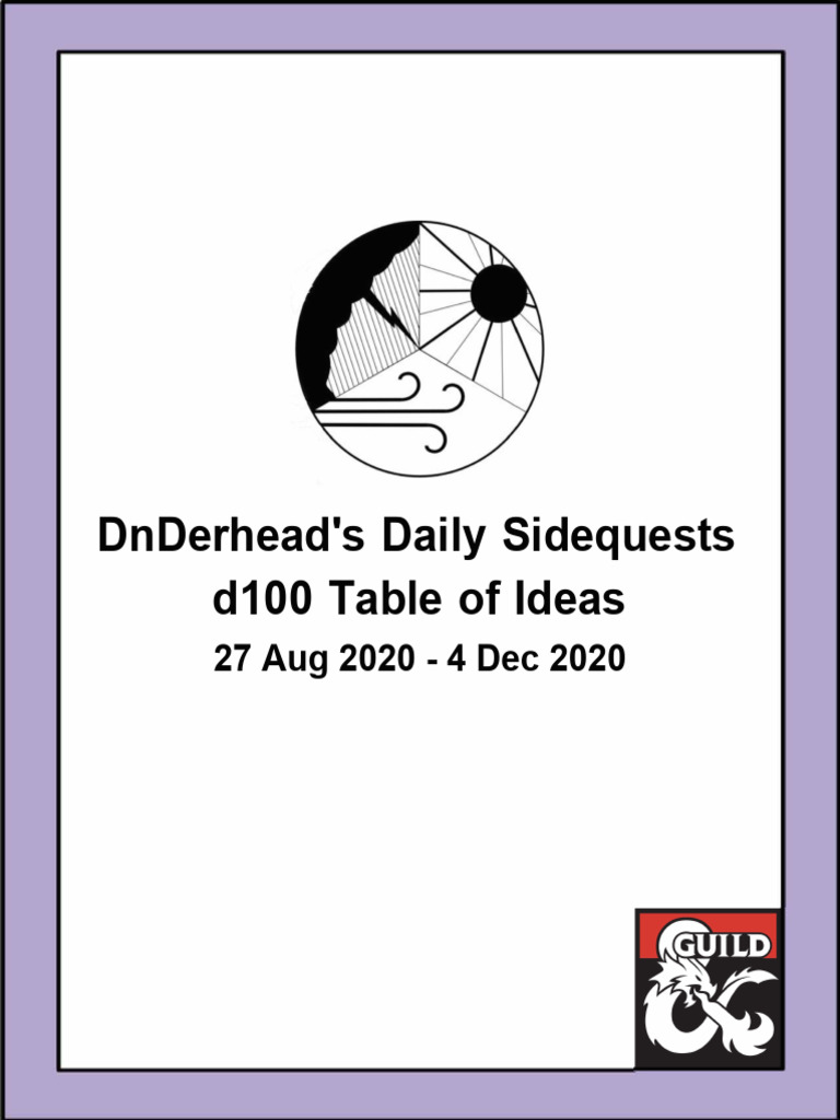 DnDerhead's Daily Sidequests D100 Table of Adventure Ideas (No. 4) | PDF DnDerhead's Daily Sidequests D100 Table of Adventure Ideas (No. 4) | PDF