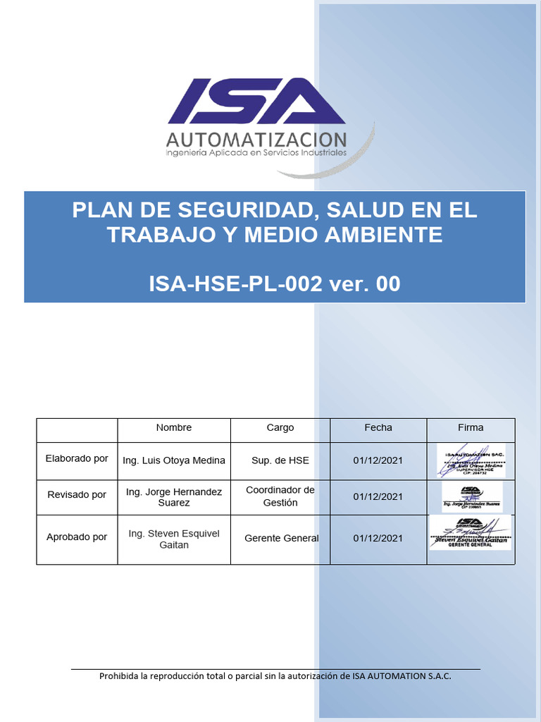 ISA-HSE-PL-002 - Plan de Seguridad, Salud en El Trabajo y Medio Ambiente | PDF | ruido