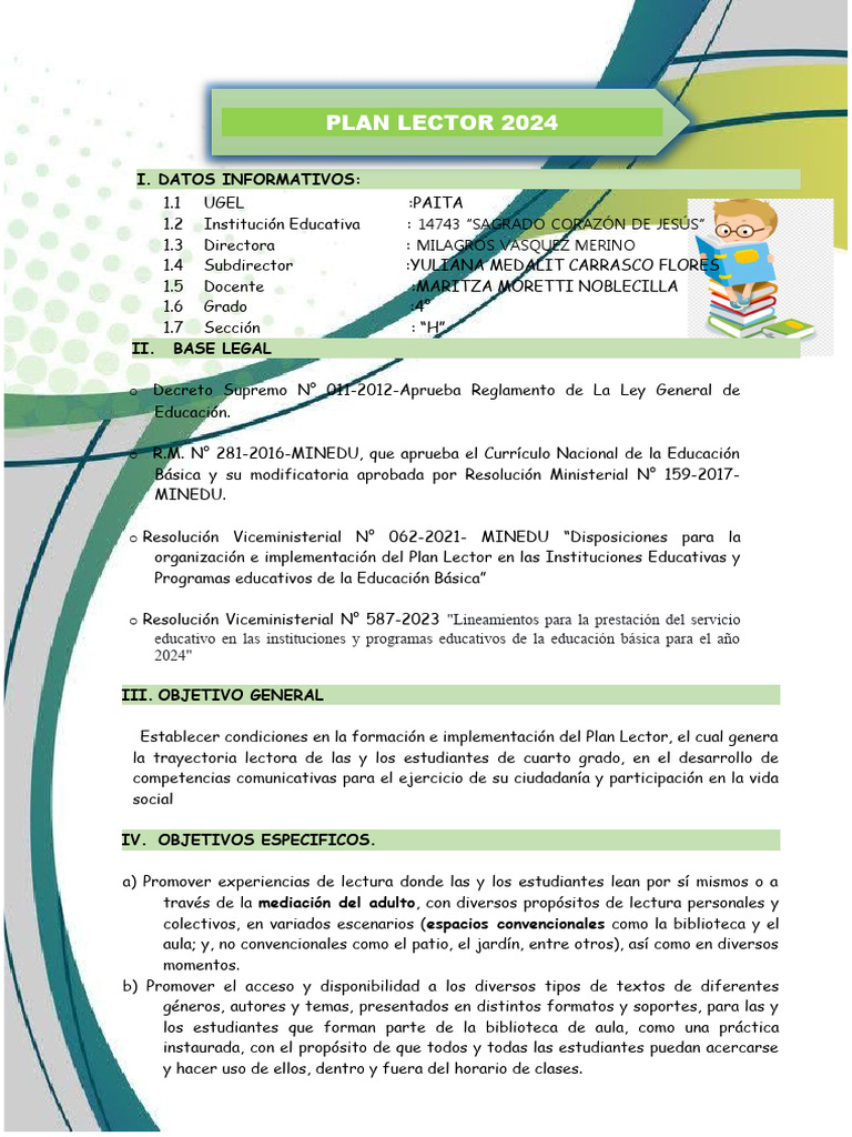 Plan Lector 2024 para 4° Grado | PDF | Maestros | Salón de clases