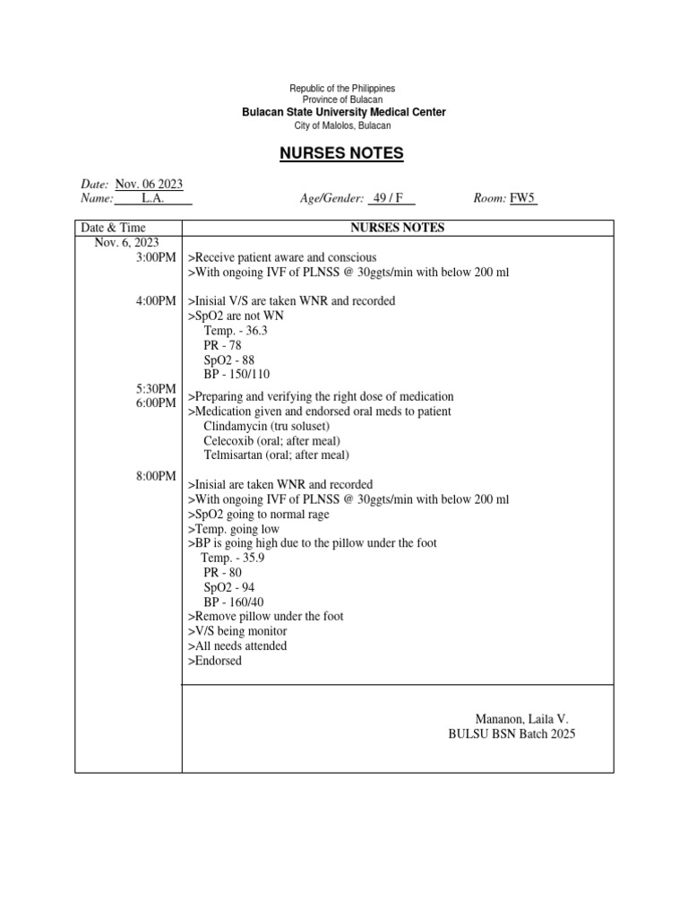 Nurse Notes for Patient L.A. | PDF