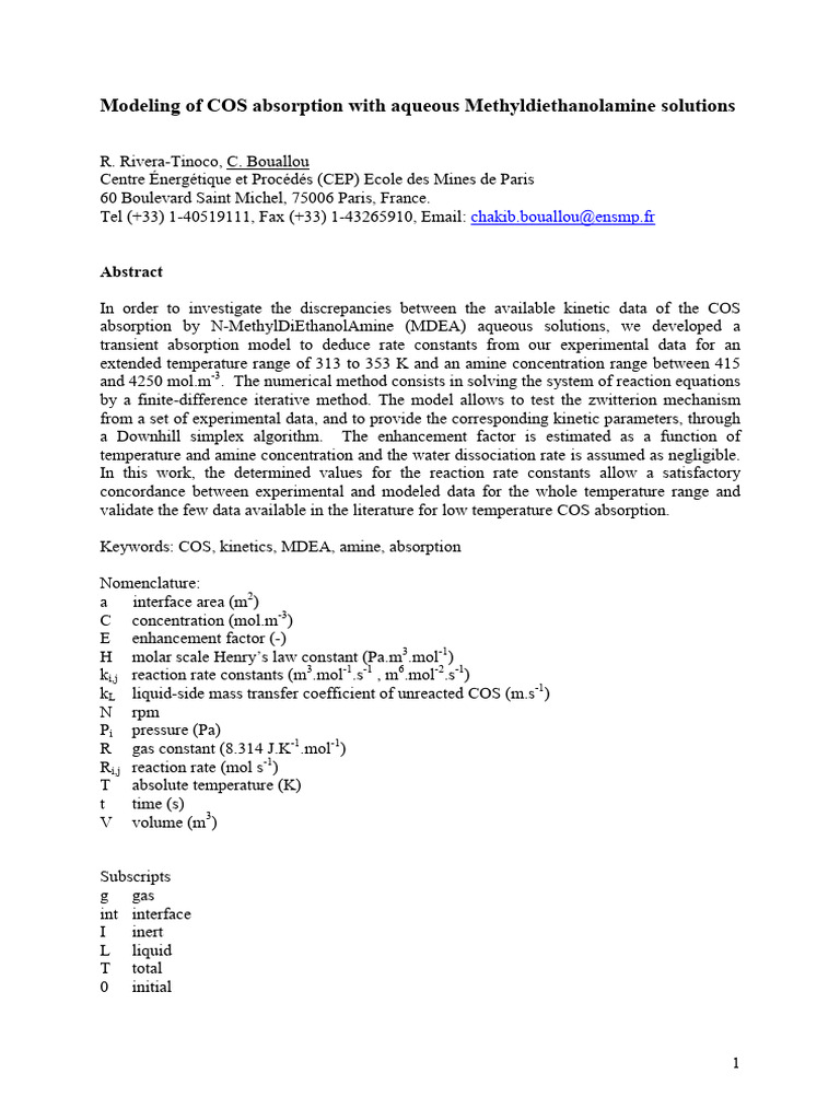 CHISA 2008COS Article Modeling of COS Absorption With Aqueous Methyldiethanolamine Solutions ...