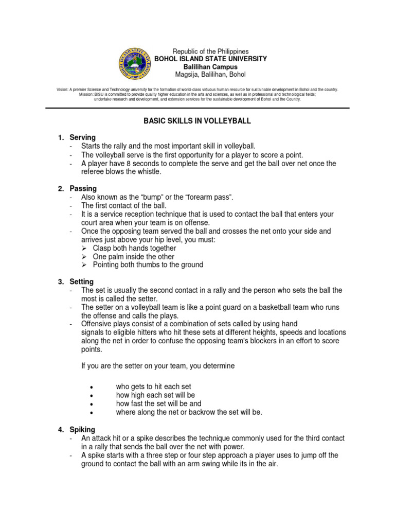 Lesson 5. BASIC SKILLS & POSITIONS IN VOLLEYBALL | PDF | Volleyball ...