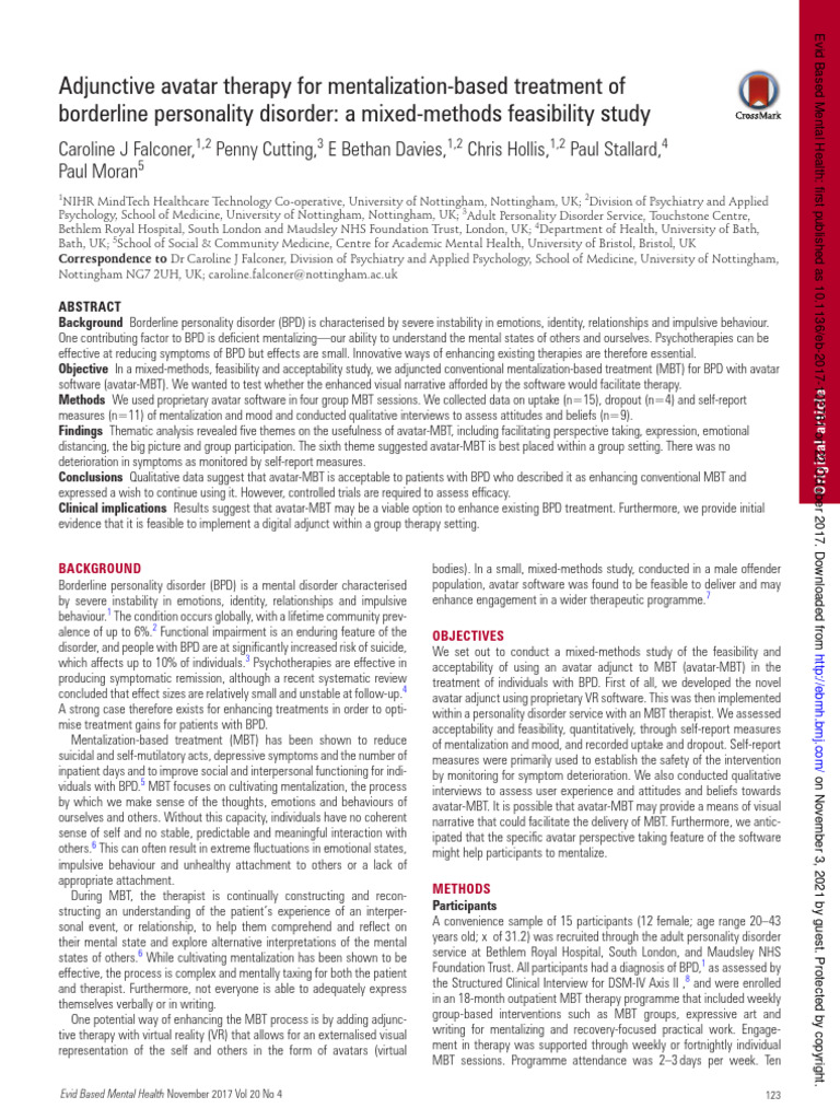 Adjunctive Avatar Therapy For Mentalization-Based Treatment Falconer | PDF | Borderline ...