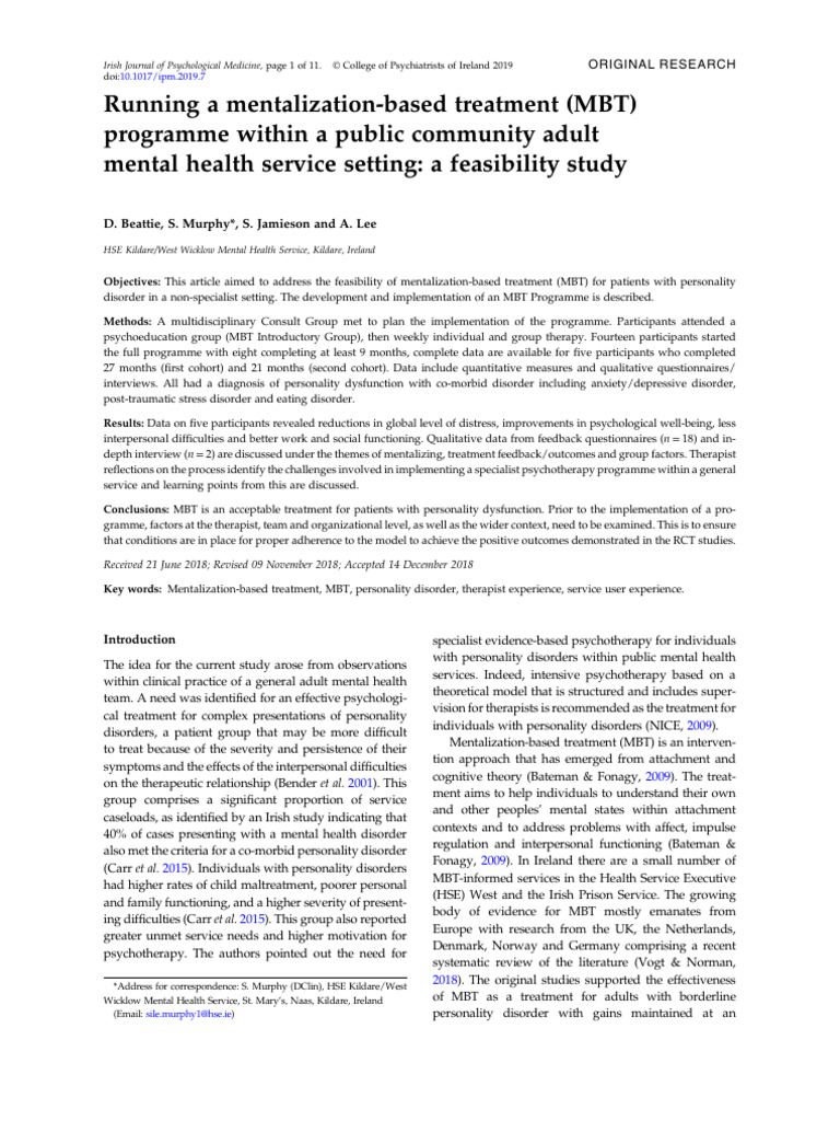 Running A Mentalization-Based Treatment (MBT) Beattie 2019 | PDF ...