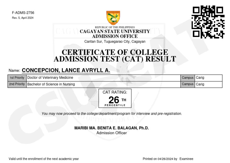 Certificate of College Admission Test (Cat) Result: Concepcion, Lance ...