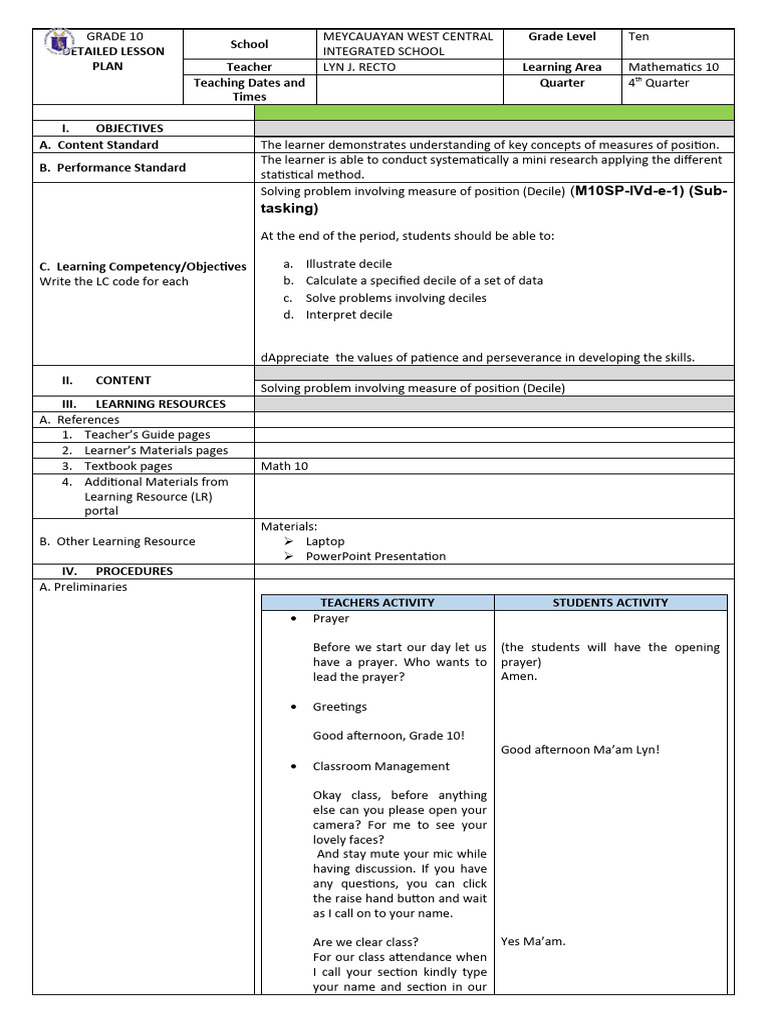 Math-10-Q4-Solving Problem Measure of Position (Decile) | PDF ...