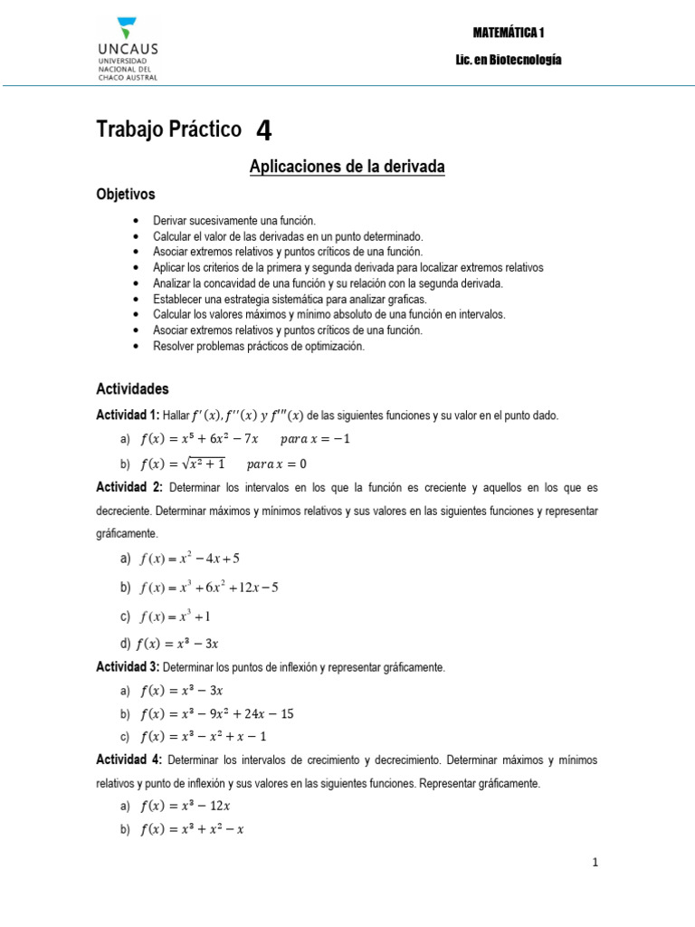 Trabajo Práctico 4 Aplicaciones de la derivada | PDF | Derivado | Sustracción