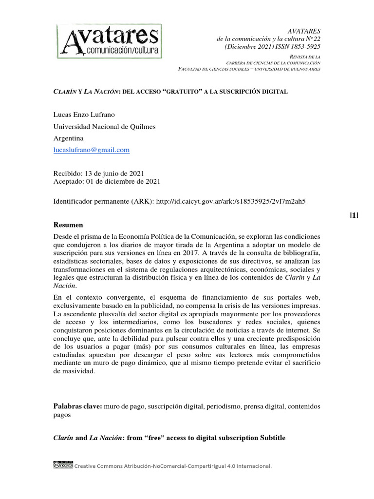Lufrano, L. (2021) Clarin y La Nacion Del Acceso Gratuito A La ...