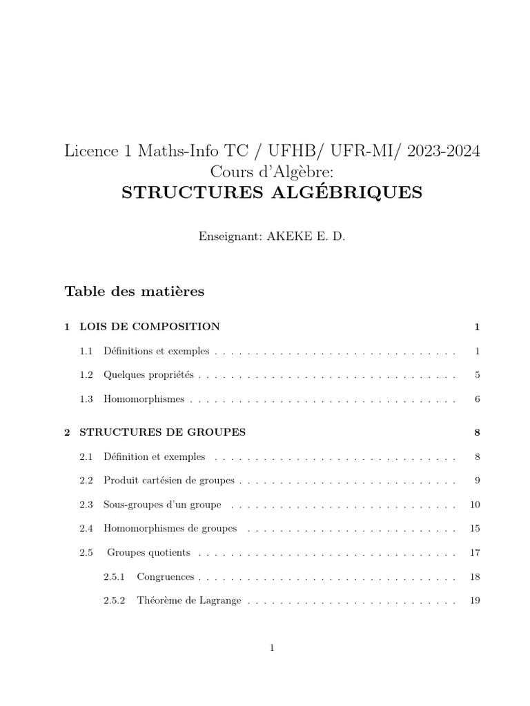 Structures Algébriques Licence 1 UFHB | PDF | Groupe (Mathématiques) | Anneau (mathématiques)