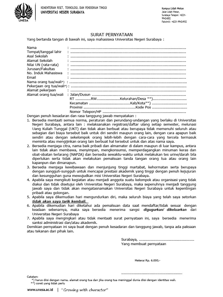 Surat Pernyataan Unesa | PDF