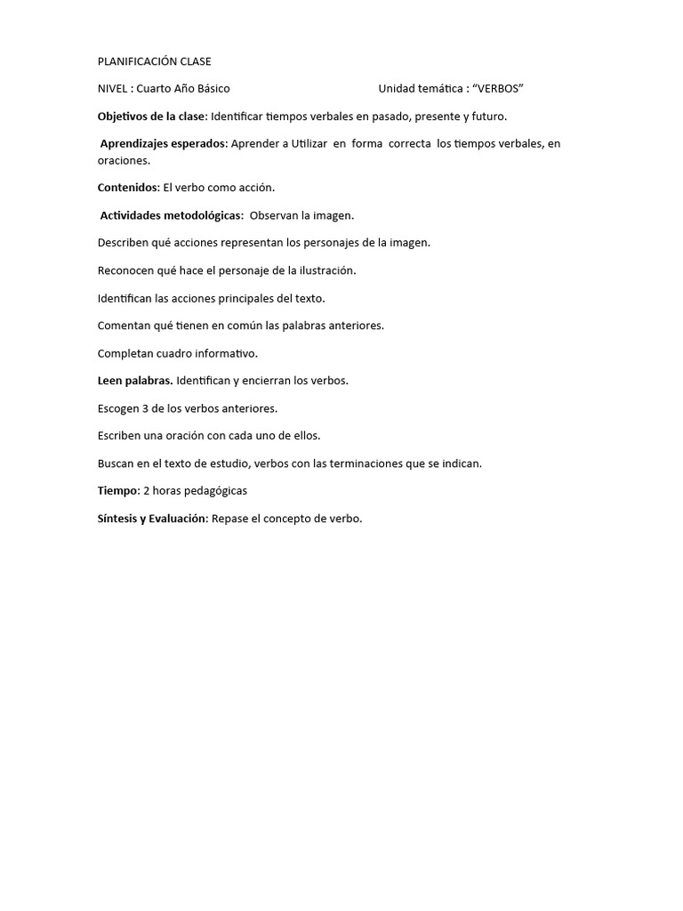 Planificación Clase Los Verbos Pdf