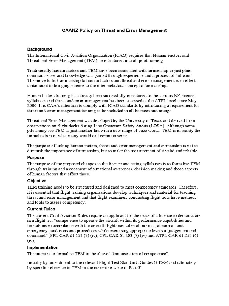 NZCAA Policy - TEM | PDF | Situation Awareness | Decision Making