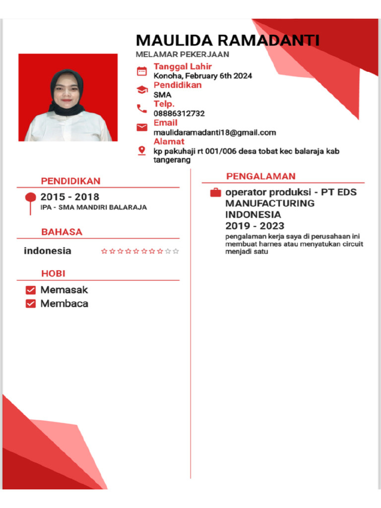 CV Lamaran Lengkap Maulida | PDF