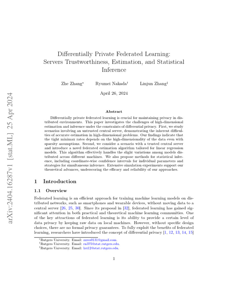 Differentially Private Federated Learning: Servers Trustworthiness, Estimation, and Statistical ...
