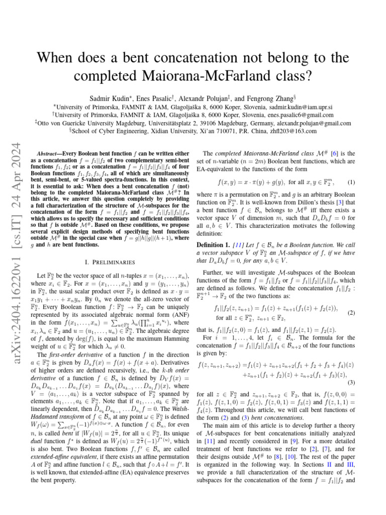 When Does A Bent Concatenation Not Belong To The Completed Maiorana-Mcfarland Class? | PDF ...