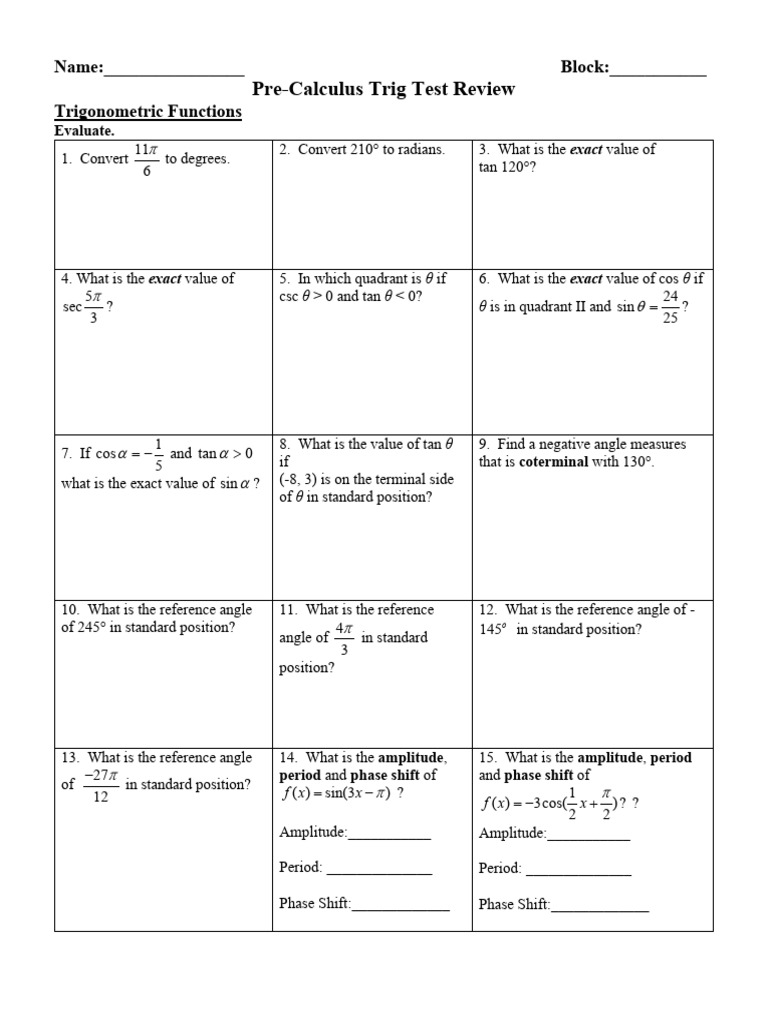 Trig - Test - Review - TRIG 2 | PDF | Trigonometric Functions ...