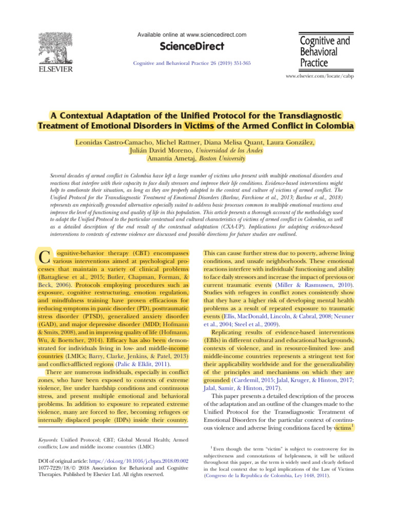 A Contextual Adaptation of The Unified Protocol For The Transdiagnostic | PDF | Mental Disorder ...