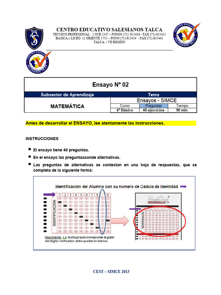 2° Ensayo SIMCE 6º EGB MATEMATICA 2013 | PDF | Porcentaje | Matemática Elemental