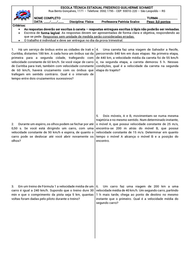 Trabalho Avaliativo - Movimento Retil-Neo Uniforme | PDF | Velocidade ...