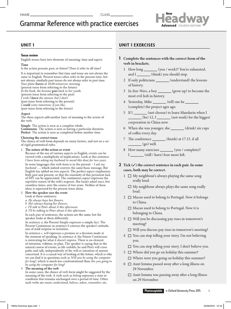 NHW Adv 4e Grammar Reference With Practice Exercises | PDF | Adverb | Verb