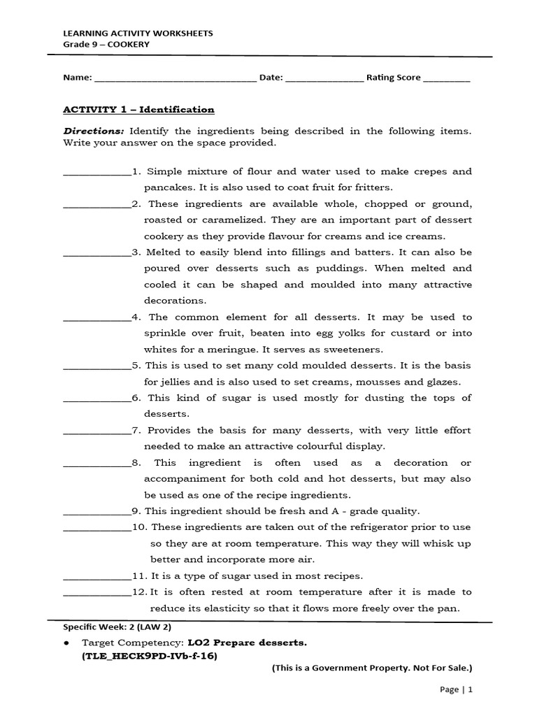 TLE-9 COOKERY - LAW - Week - 2 | PDF | Desserts | Foods