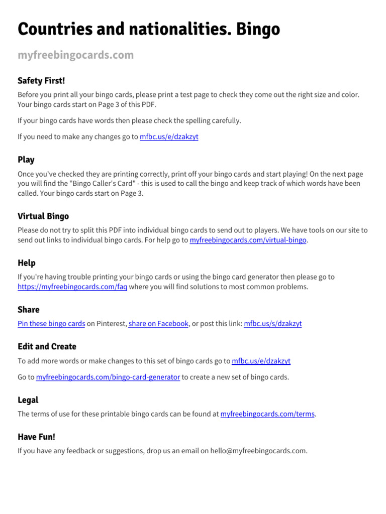 Countries & Nationalities Bingo Game | PDF | Spanish Language | Peru