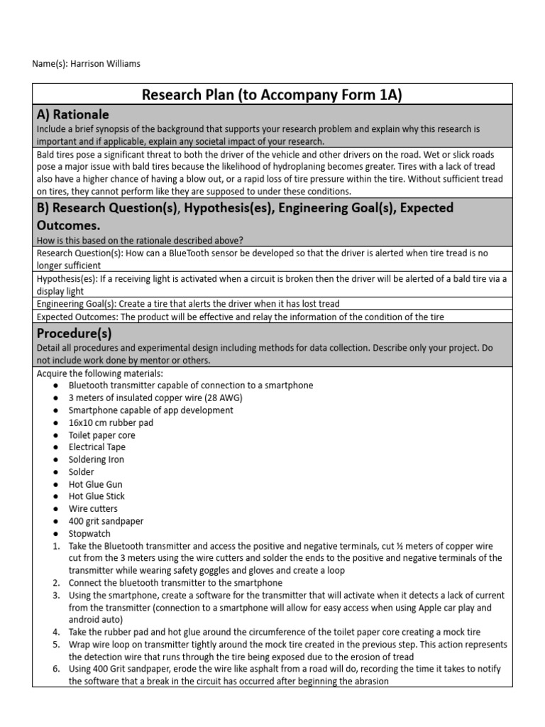 Research Plan Project Summary For 1a | PDF | Risk | Tire