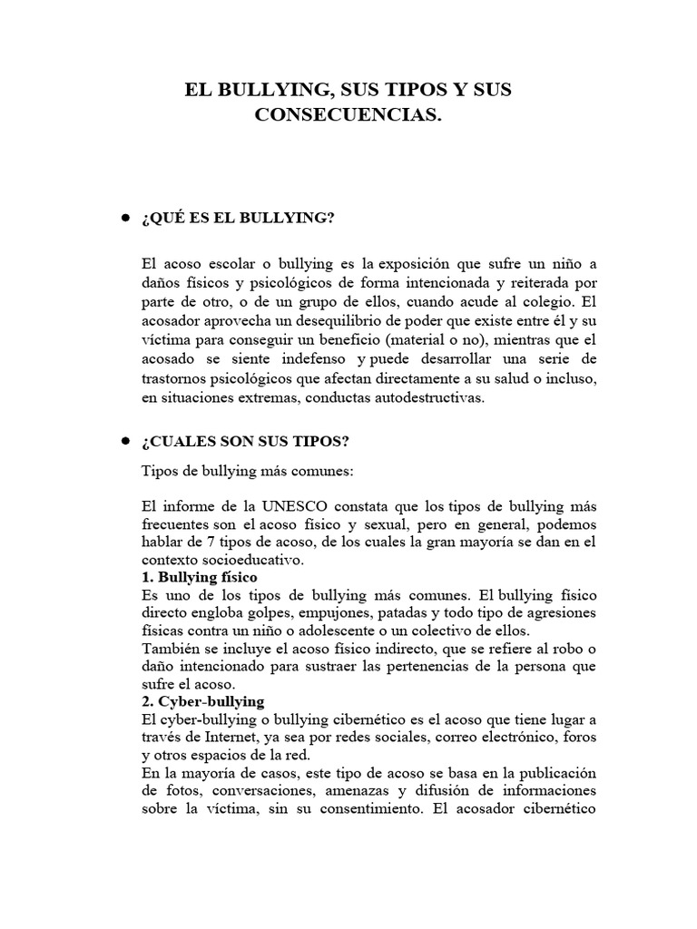 Tipos y Consecuencias del Bullying | PDF | Abuso infantil | Sicología