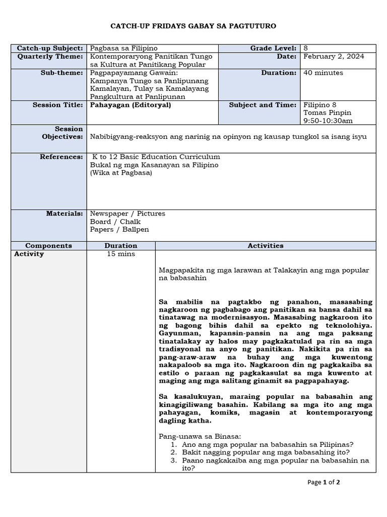 Feb.2,2024 Gabay Sa Pagtuturo Filipino8 | PDF