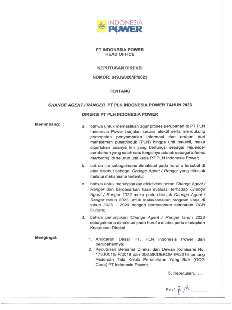 SK 049 Tentang Change Agent - Ranger PT PLN Indonesia Power Tahun 2023 ...